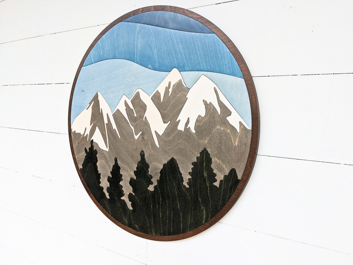 Round Mountain Wood Art Snow-capped Mountains Layered - Etsy