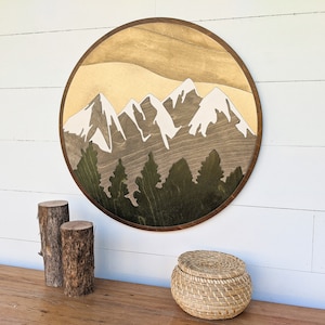 Round Mountain Wood Art | Snow-capped Mountains | Layered Mountains ...