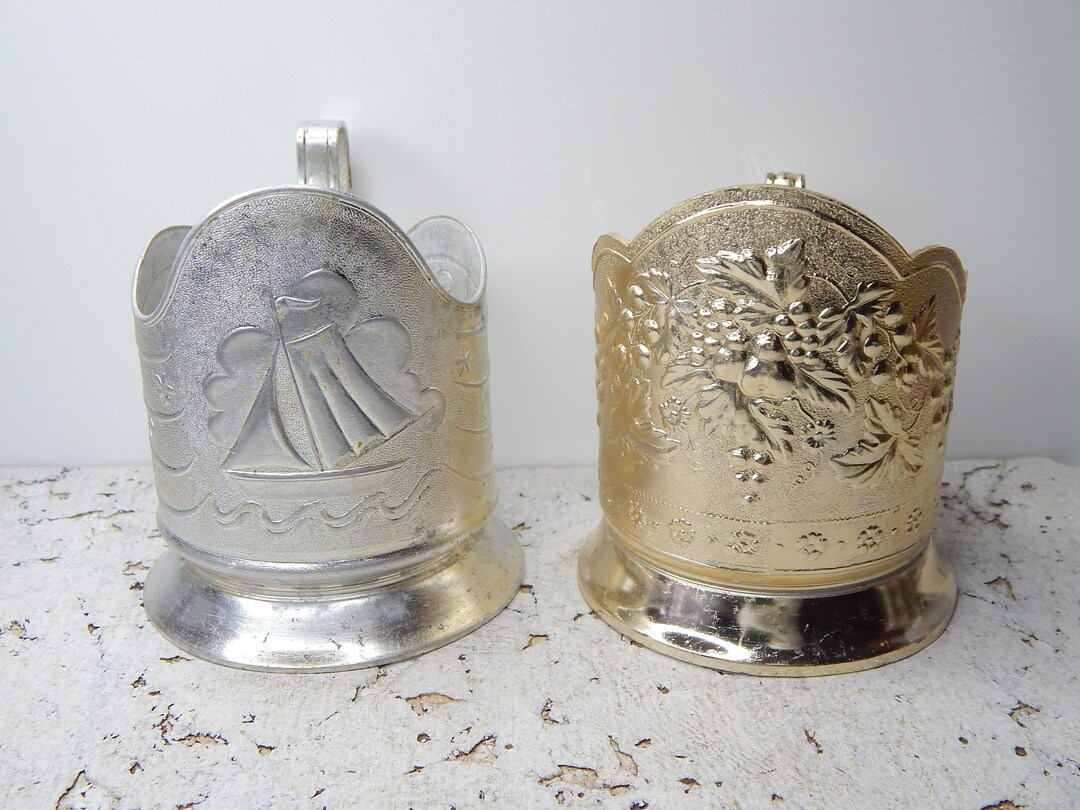 Vintage Soviet Metal Tea Cup Holders "currants and Pears" and "sailboat ...