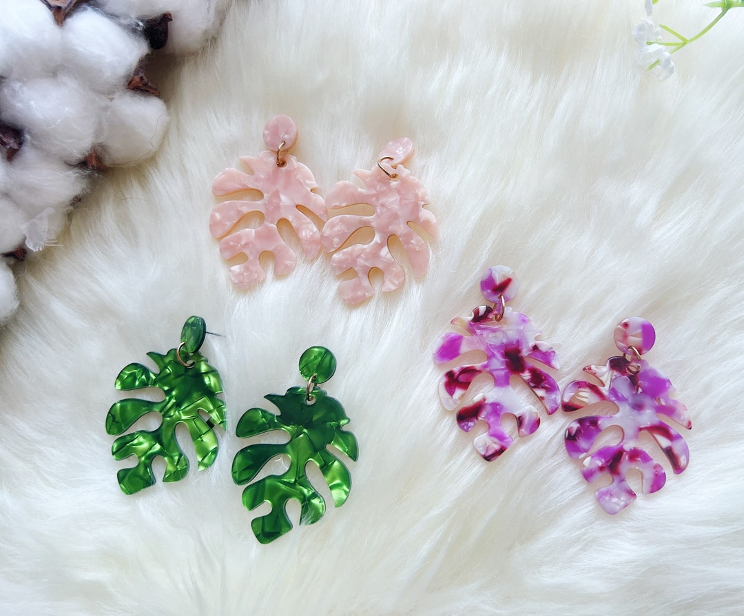 Monstera Leaf Tortoise Shell Earrings Colourful Acetate - Etsy