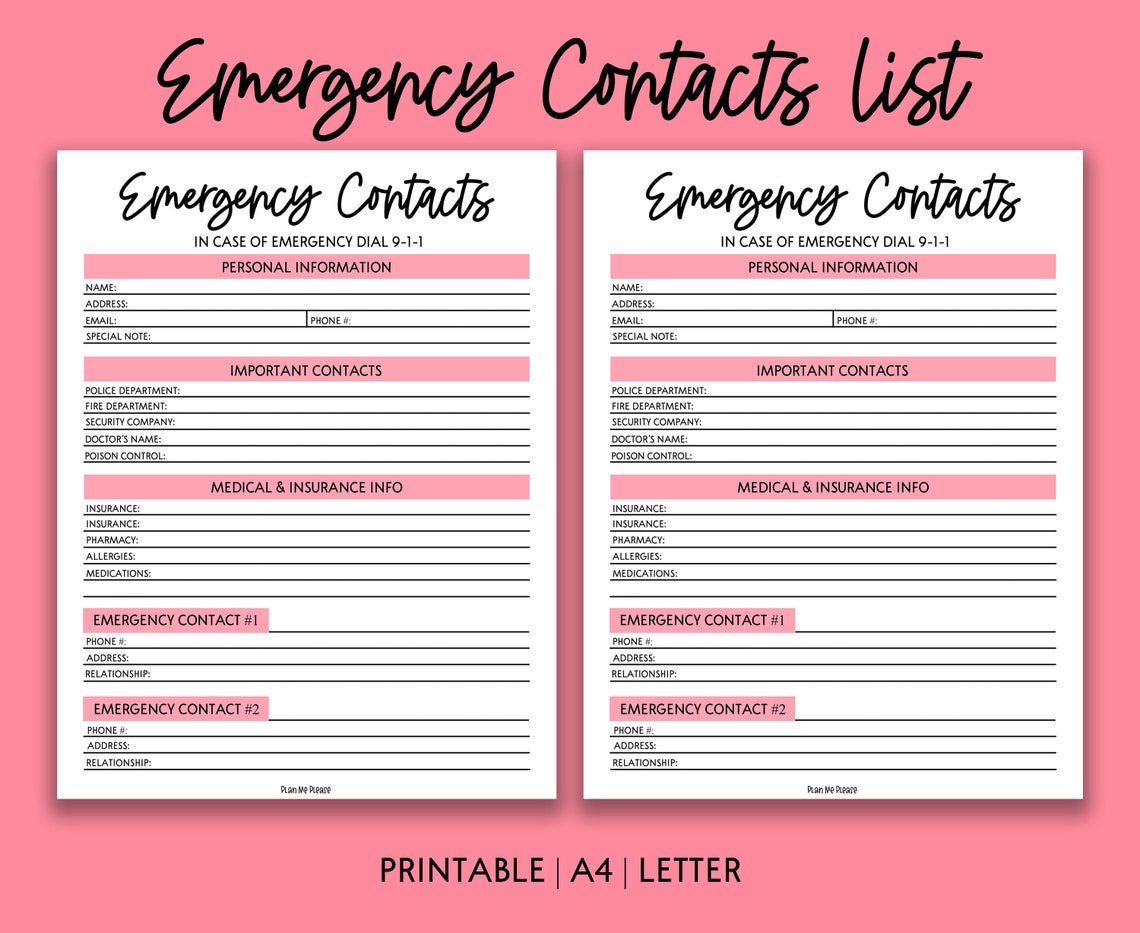 Emergency Contacts Printable Emergency Contact List | Etsy
