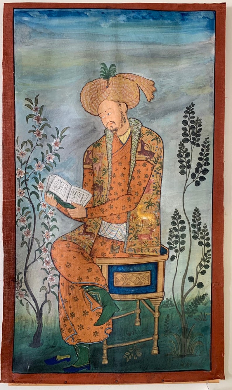 Antique Babur Portrait, Mughal Style Painting on Delicate Fabric - Etsy