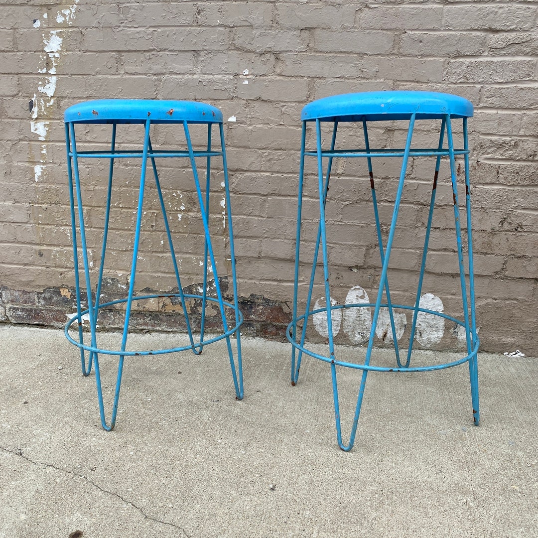 Pair MCM Hairpin Leg Bar Stools With Amazing Blue Paint - Etsy