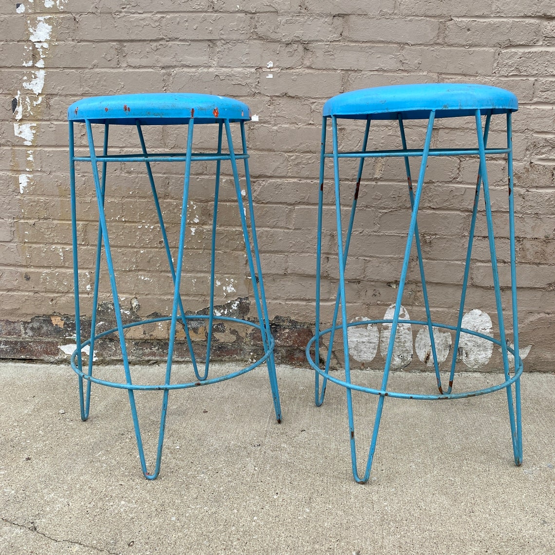 Pair MCM Hairpin Leg Bar Stools With Amazing Blue Paint - Etsy