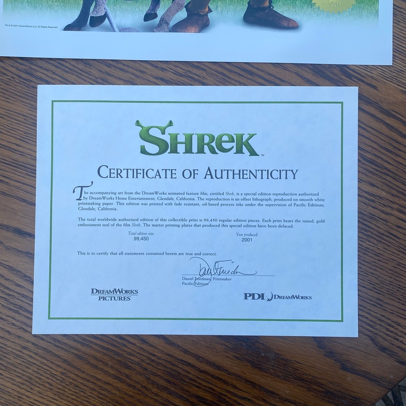 Shrek Special Edition Dreamworks Lithograph, 2001 With COA - Etsy