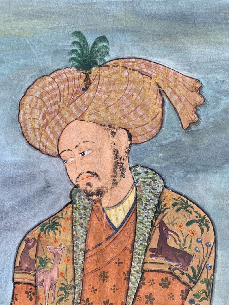 Antique Babur Portrait, Mughal Style Painting on Delicate Fabric - Etsy