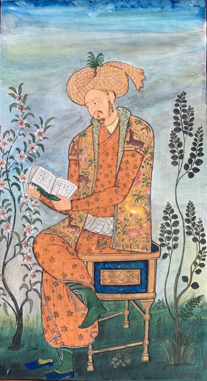 Antique Babur Portrait, Mughal Style Painting on Delicate Fabric - Etsy