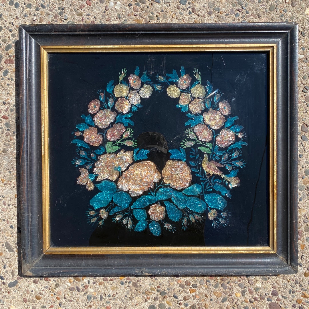 Antique Folk Art Tinsel Picture in 19th Century Painting Rare Reverse ...