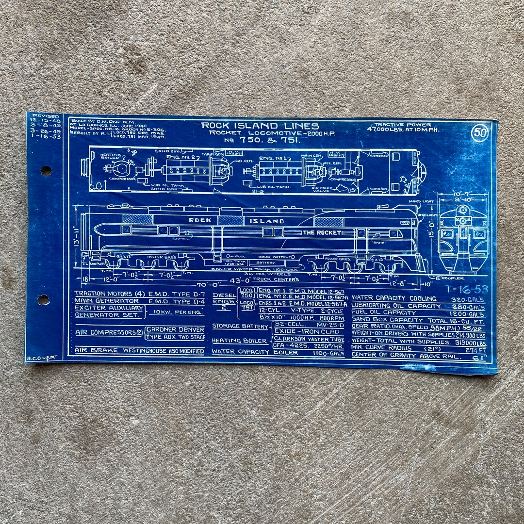 Vintage 1950s Rock Island Lines Locomotive Blueprint Train Artwork - Etsy