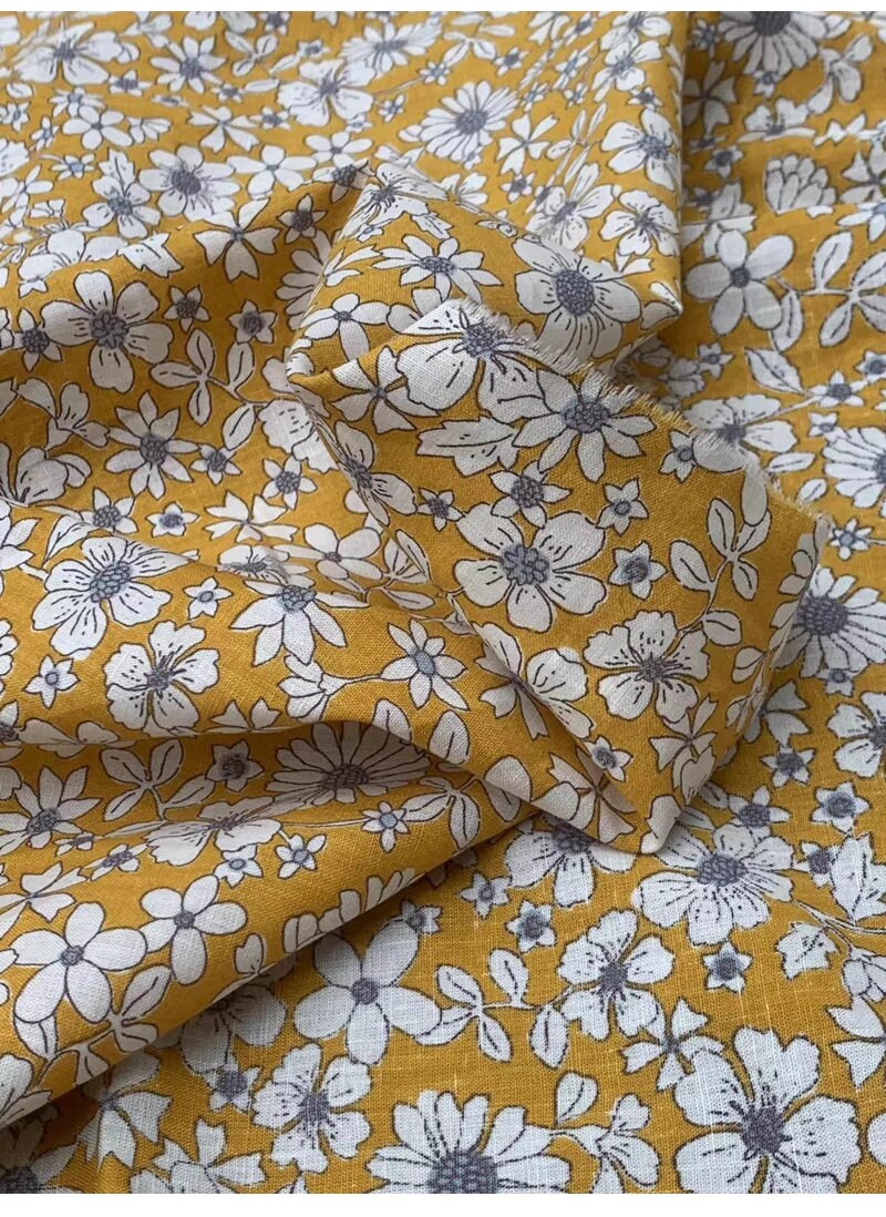 White Floral Linen on Ginger Yellow Flower Linen Fabric for Dress ...