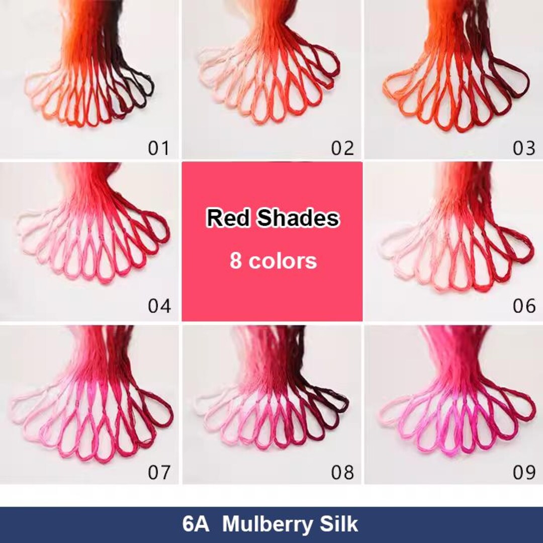 8 Colors Red Rosy Pure Silk Thread for Embroidery Untwisted Flat Silk ...