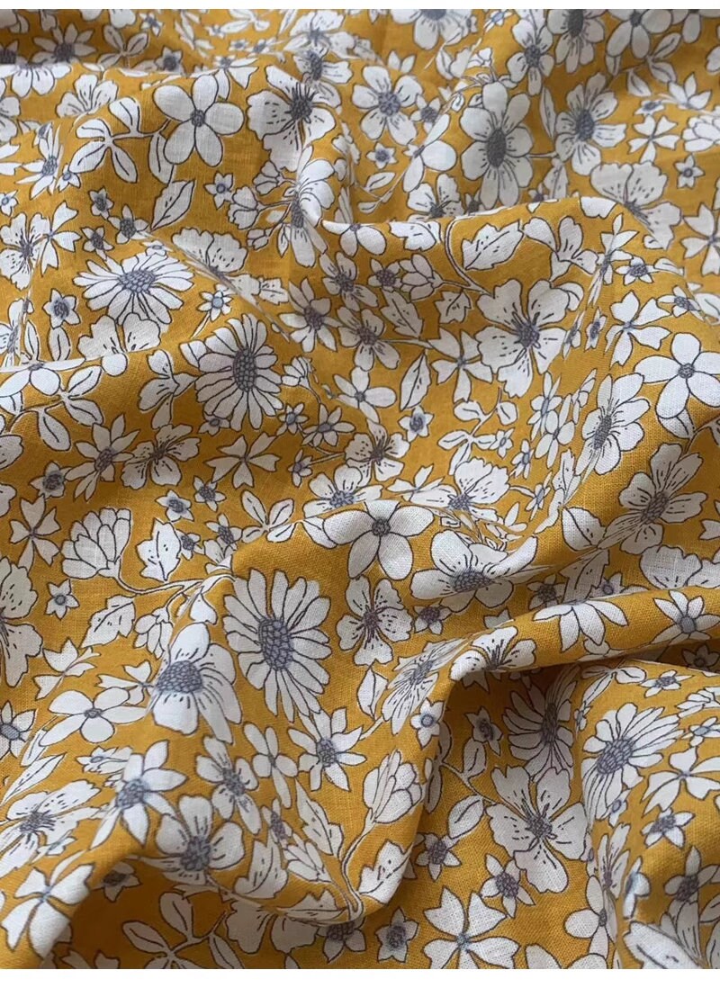 White Floral Linen on Ginger Yellow Flower Linen Fabric for Dress ...