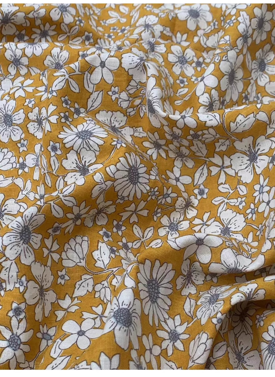 White Floral Linen on Ginger Yellow Flower Linen Fabric for Dress ...