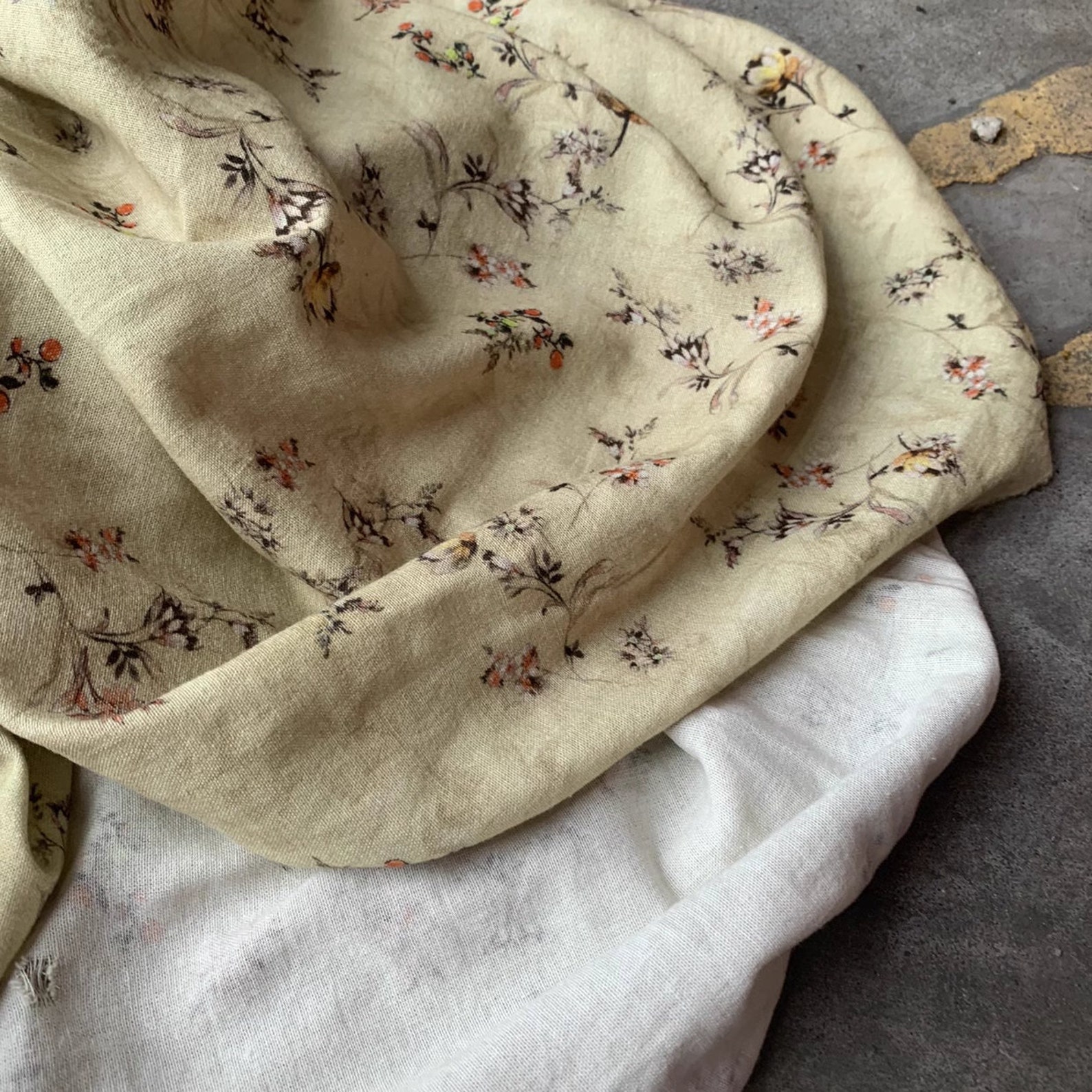 Floral Linen Fabric Little Jasmine Flower on Pale Yellow Linen for ...
