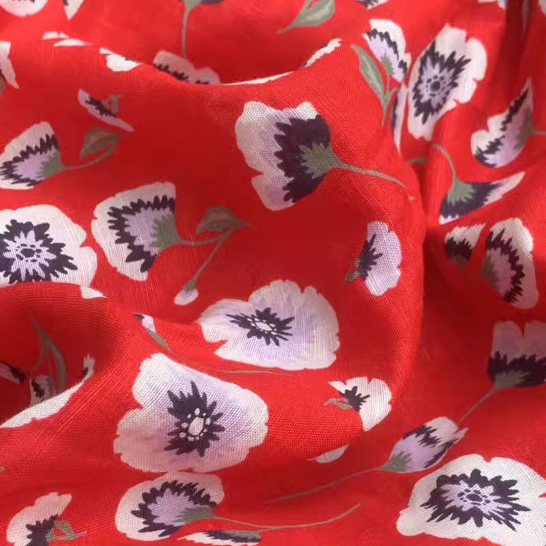 Red Floral Linen Fabric White Flower on Red Fabric- 1/2 Yard - Etsy
