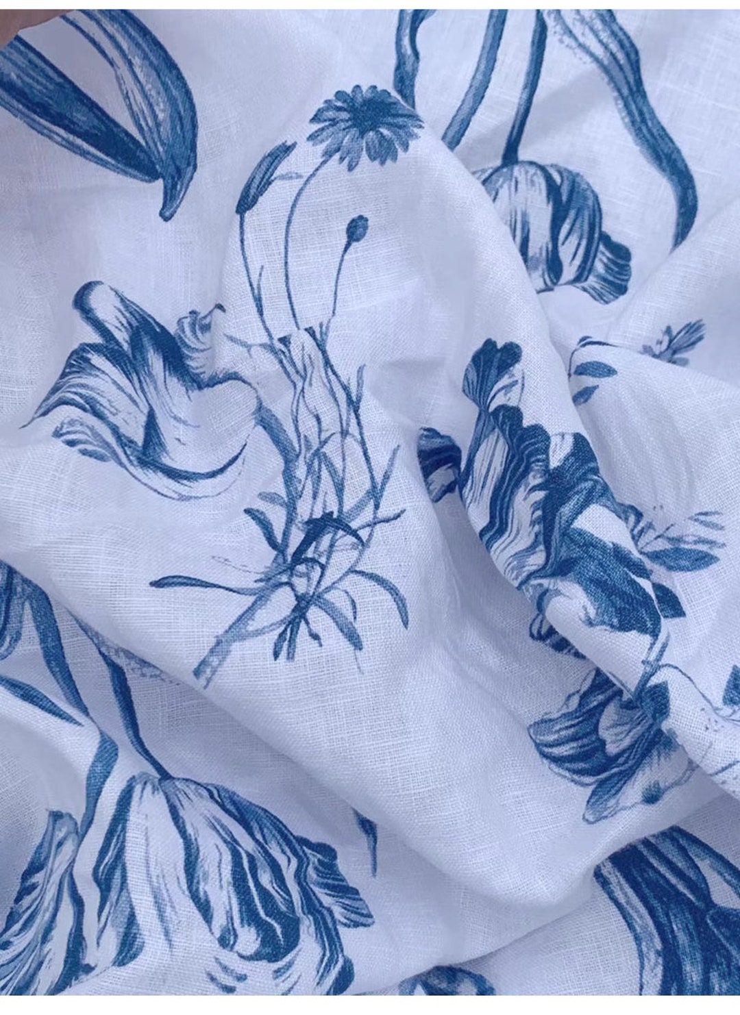 Thick 100% Linen Blue and White Floral Linen Fabric - 1/2 Yard - Etsy