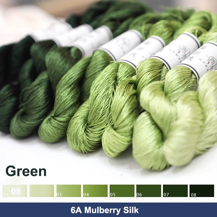 Green Pure Silk Thread for Embroidery, Green Shades Untwisted Flat Silk ...