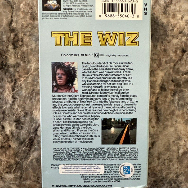 The Wiz 1978 VHS Tape. 1992, MCA Universal. Diana Ross, Michael Jackson - Etsy