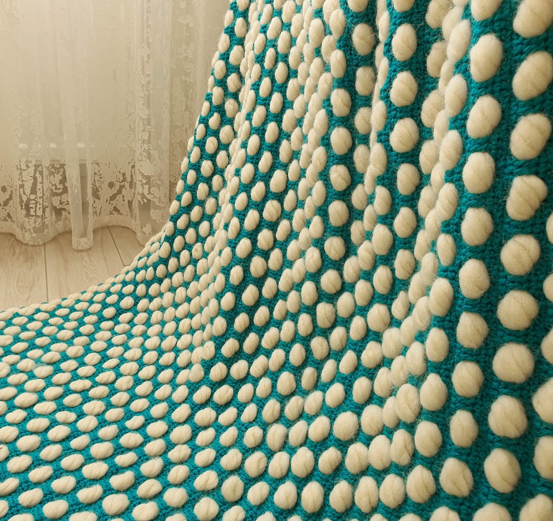 Chunky Blanket Turquoise, Thick White Wool Knit Blanket, 47x 65 - Etsy