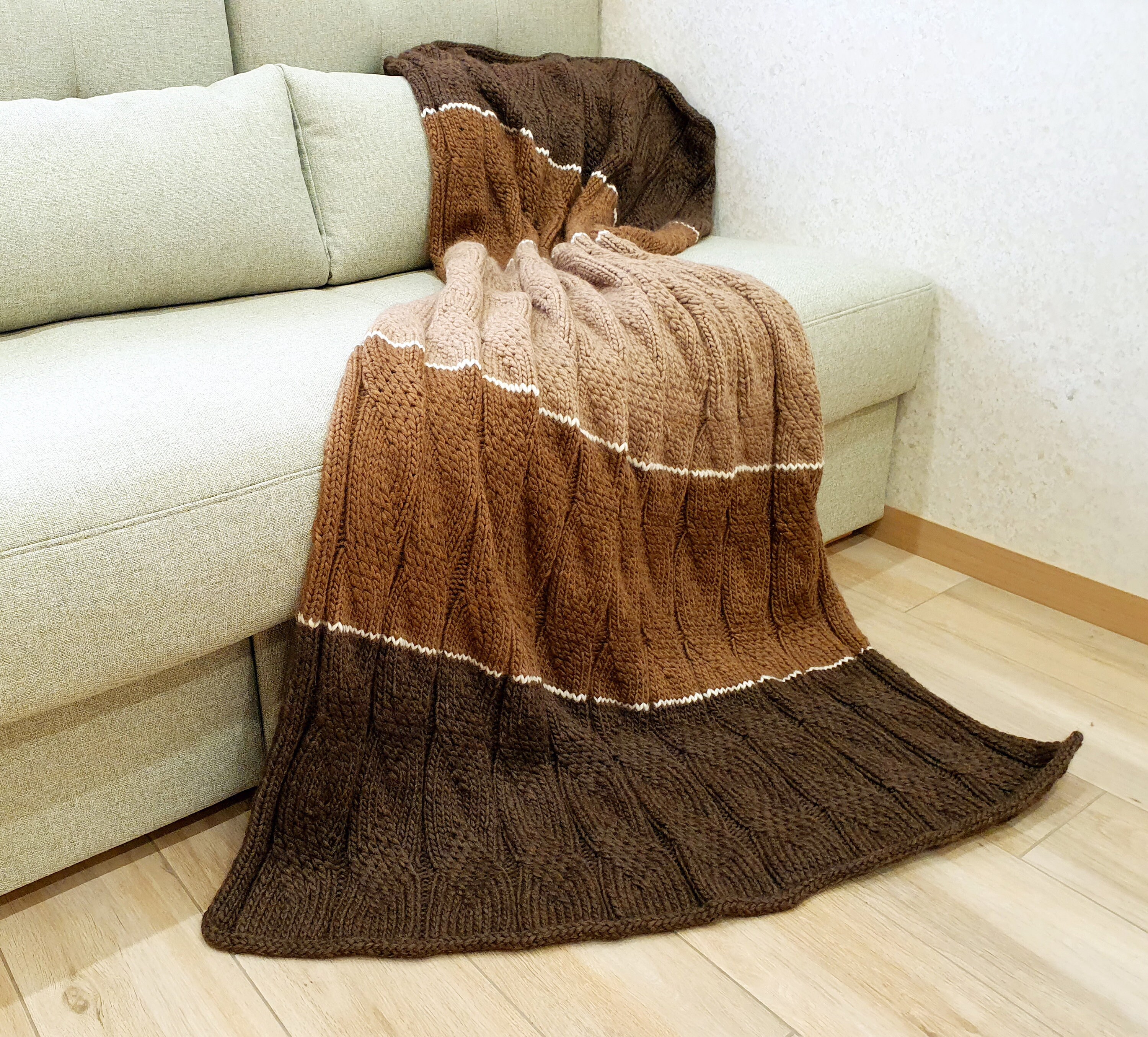 Wool Knit Blanket Brown Beige Knitted Striped Throw, 45x77 - Etsy