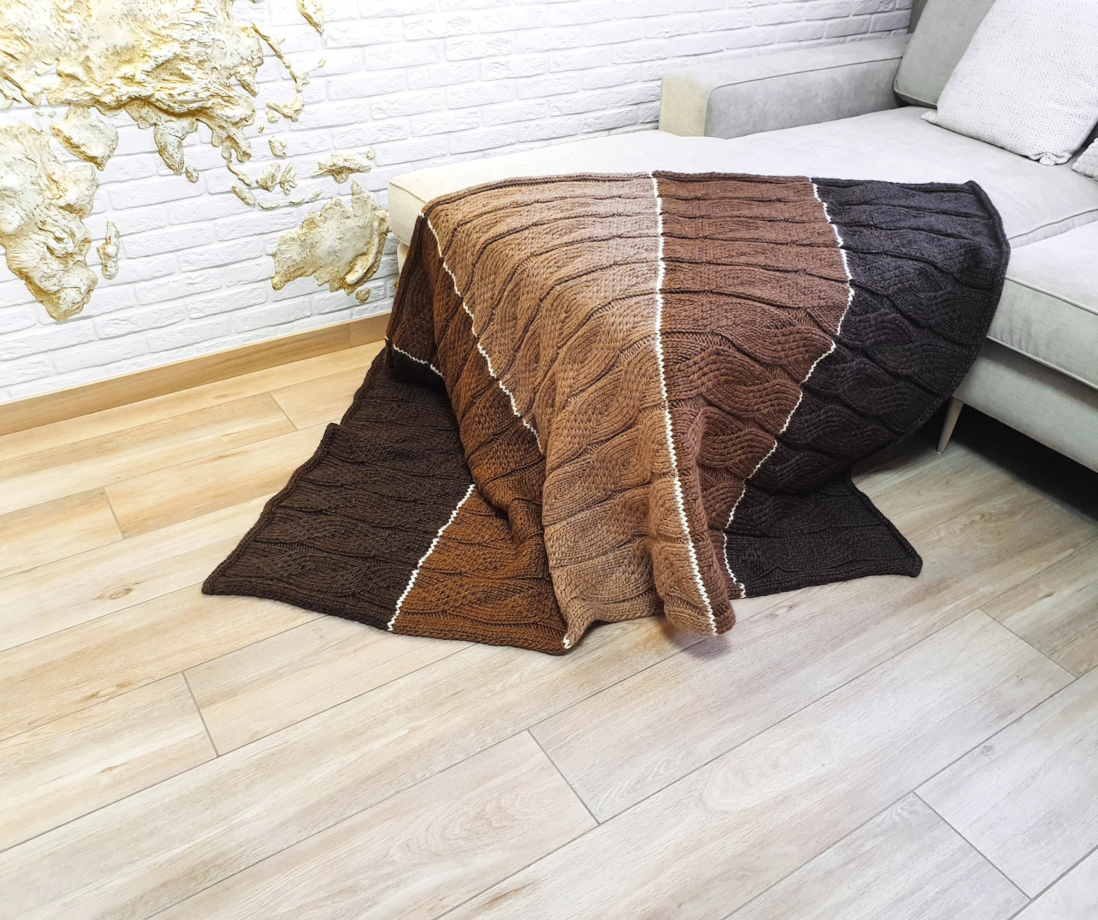 Wool Knit Blanket Brown Beige Knitted Striped Throw - Etsy