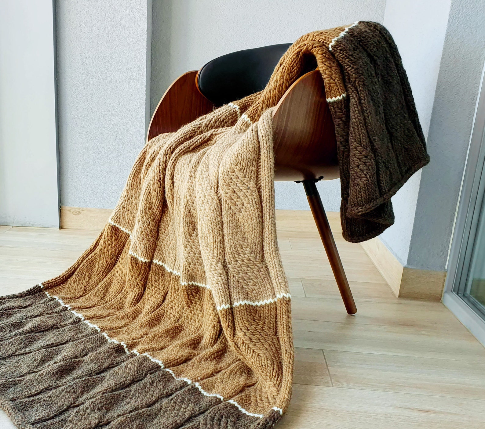 Wool Knit Blanket Brown Beige Knitted Striped Throw, 45x77 - Etsy