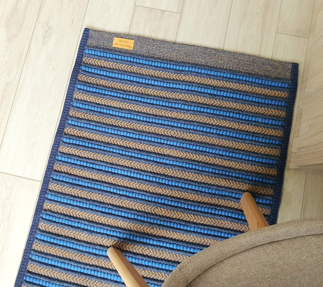 Bedside Wool Rug Blue Striped, Woven Small Blue Mat Sheep Felted Yarn ...