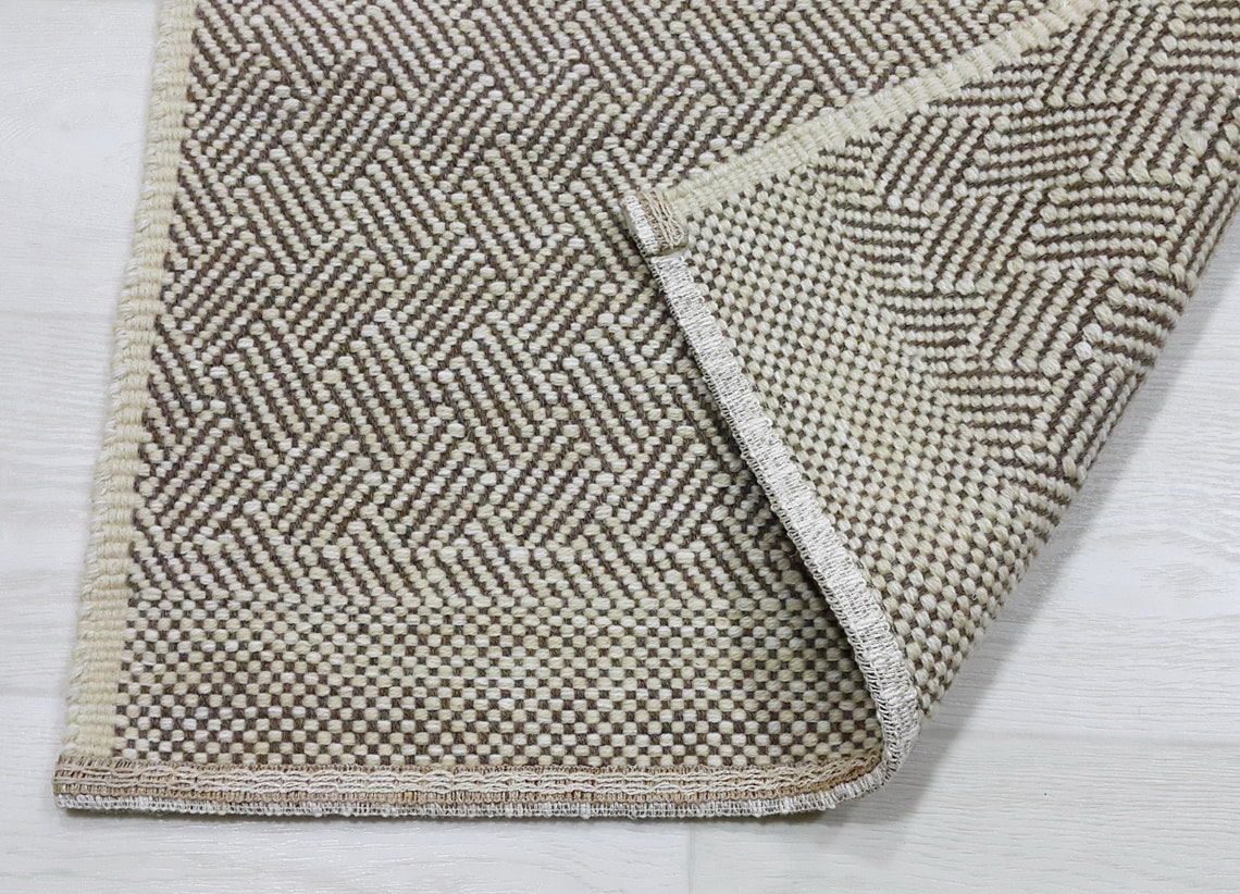 Bedside Wool Rug Beige Woven Rug Brown Small Wool Mat | Etsy