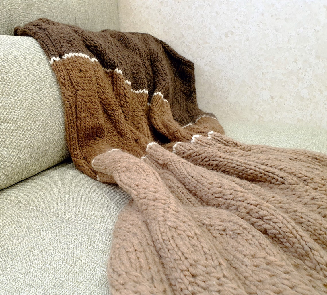 Wool Knit Blanket Brown Beige Knitted Striped Throw - Etsy