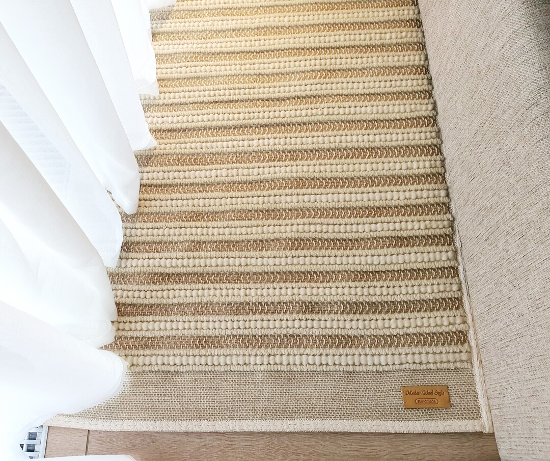 Jute Rug Bedside Wool Rug Woven Rug Looped Small Striped Chunky Wool ...