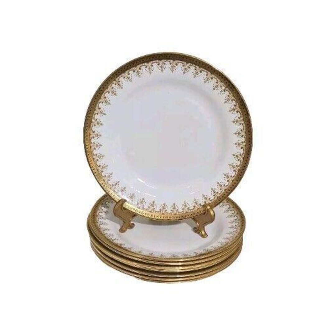 Hitkari Bone China Gold Border Black Dot Gold Scrolls 8 Salad Plates ...