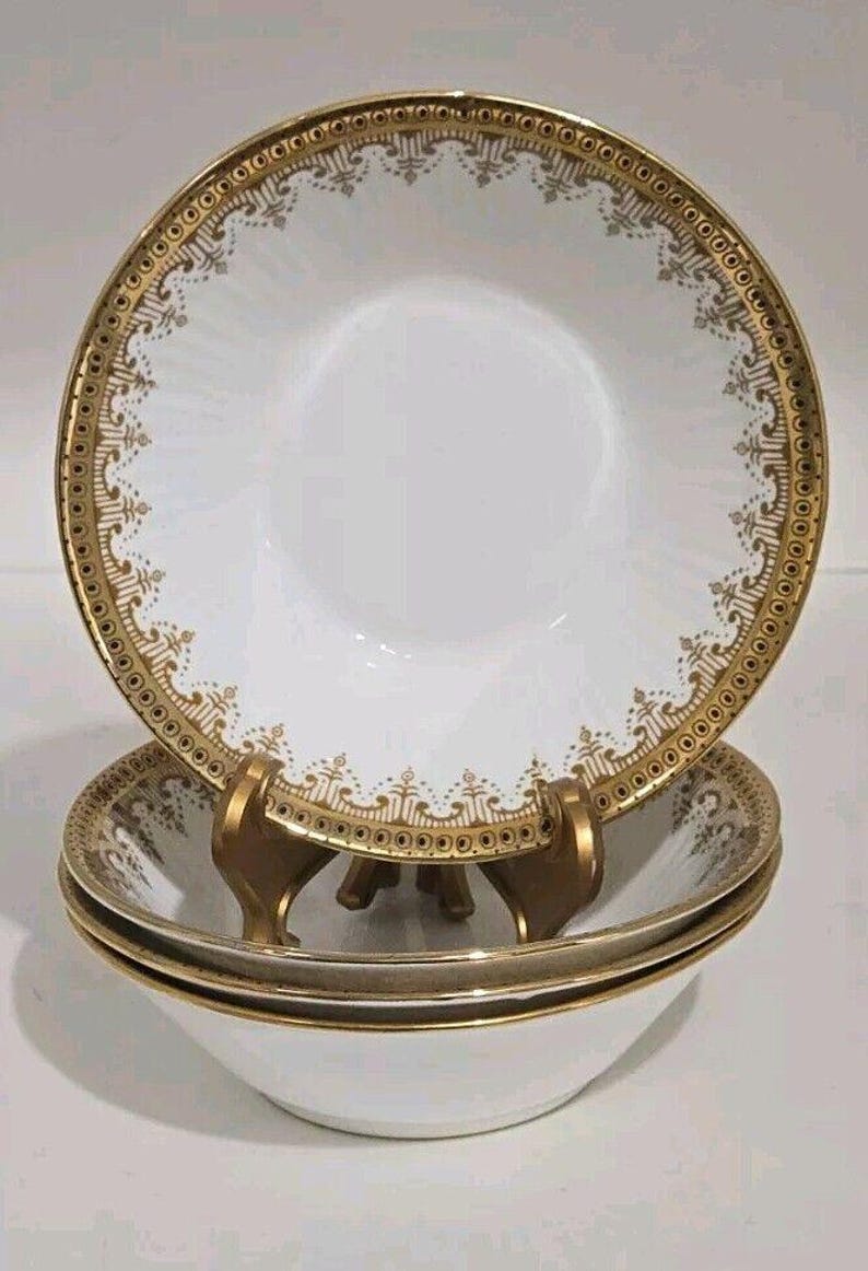 Hitkari Bone China Gold Border Black Dot Gold Scrolls 4 Fruit/dessert ...
