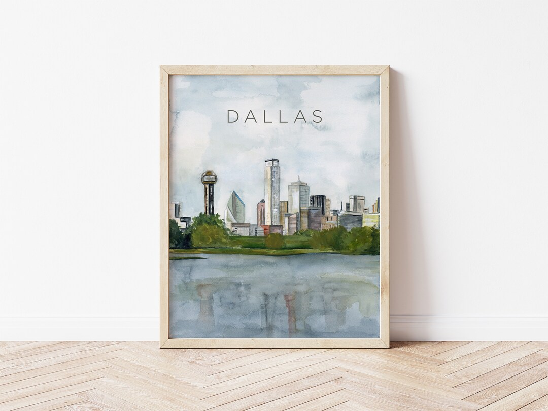 Dallas, Texas Skyline Wall Art, Travel Decor, Texan Watercolor Painting ...