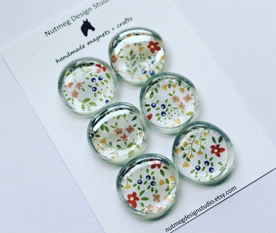 Petite Blueberry Floral Set of 6 Handmade Recycled Glass Gem Magnets ...