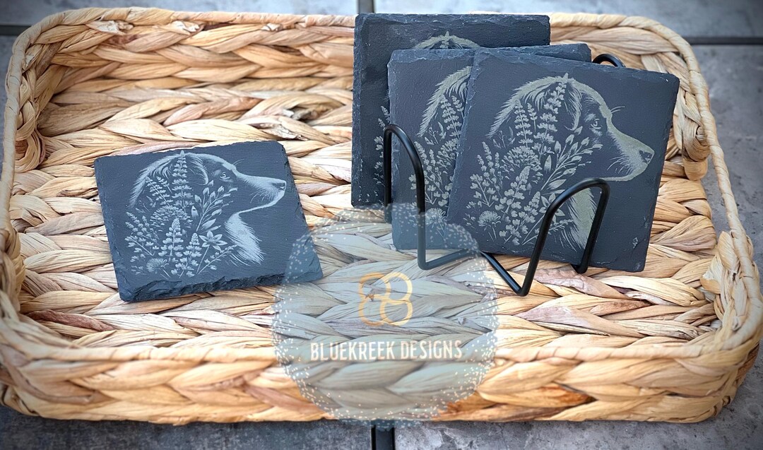 Laser Etched Slate Coasters With Metal Holder Australian Shepherd ...