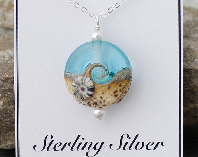 Aqua Ocean Wave Necklace * Sea Shell * Glass Lampwork Pendant * Beach ...
