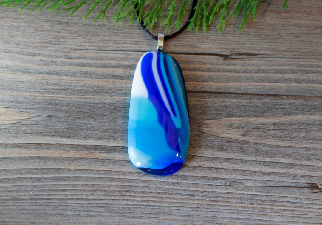Mixed Blue and White Fused Glass Puddle Pendant With Satin Necklace ...