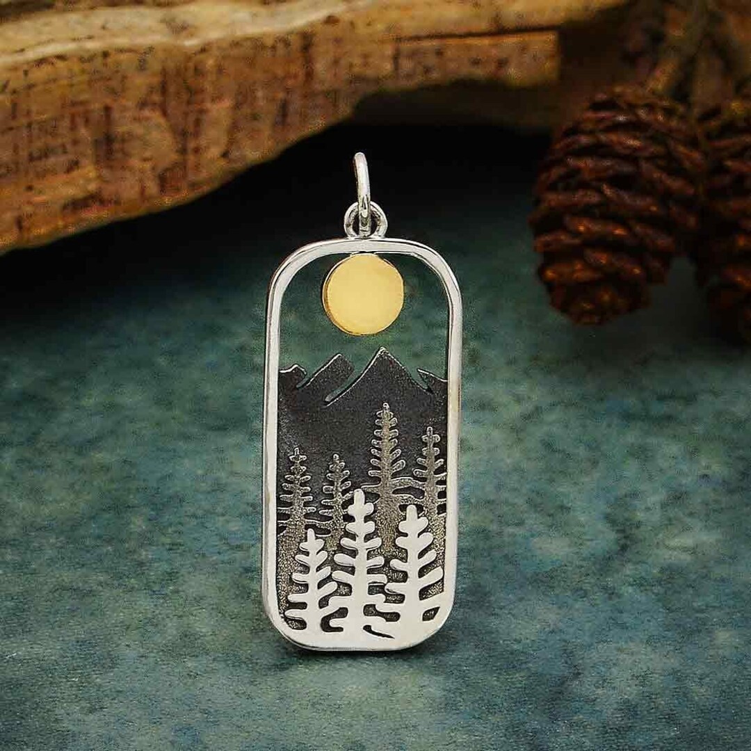 Sterling Silver Tree Pendant With Bronze Sun * Pine Tree Necklace Charm ...