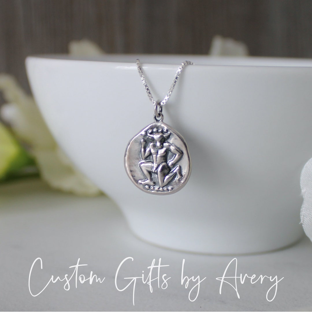 Sterling Silver Minotaur Necklace * Double Sided Minotaur and Labyrinth ...