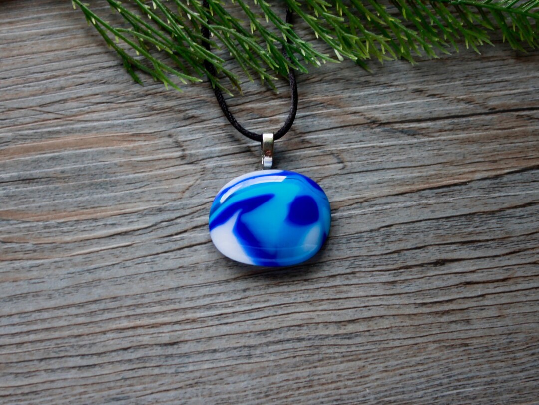 Mixed Blue and White Fused Glass Puddle Pendant With Satin Necklace ...
