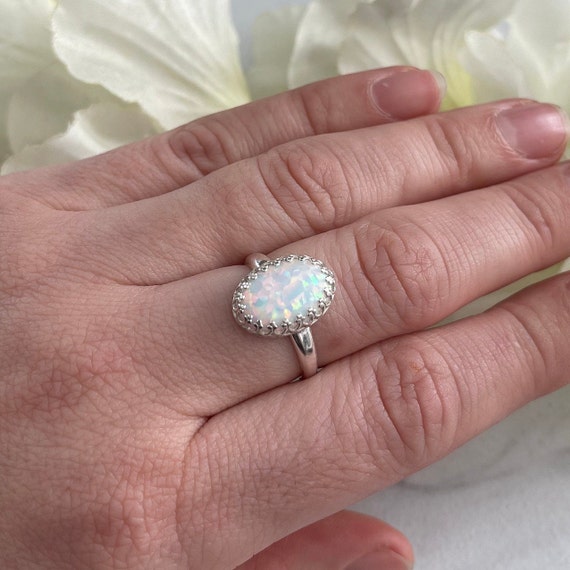 Sterling Silver Opal Ring Large White Opal Ring Oval Opal 14x10mm Vintage Opal Ring October Birthstone Lab Opal Victorian Opal Ring Etsy