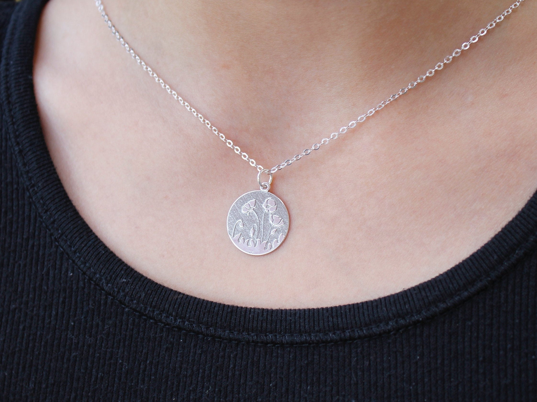 925 Sterling Silver Poppies Necklace Poppy Pendant Poppies | Etsy