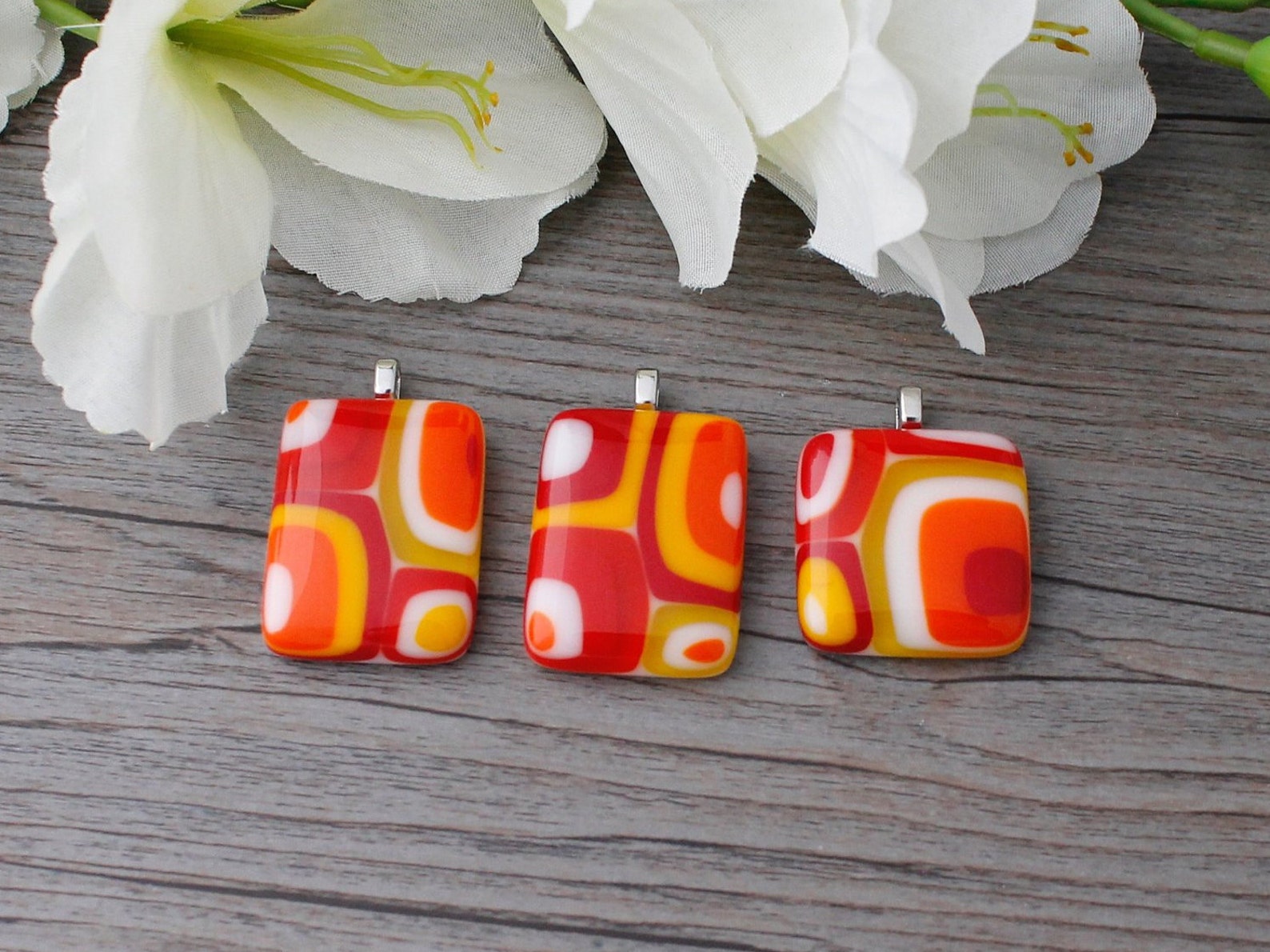 Red Orange and Yellow Necklace Modern Fused Glass Pendant - Etsy