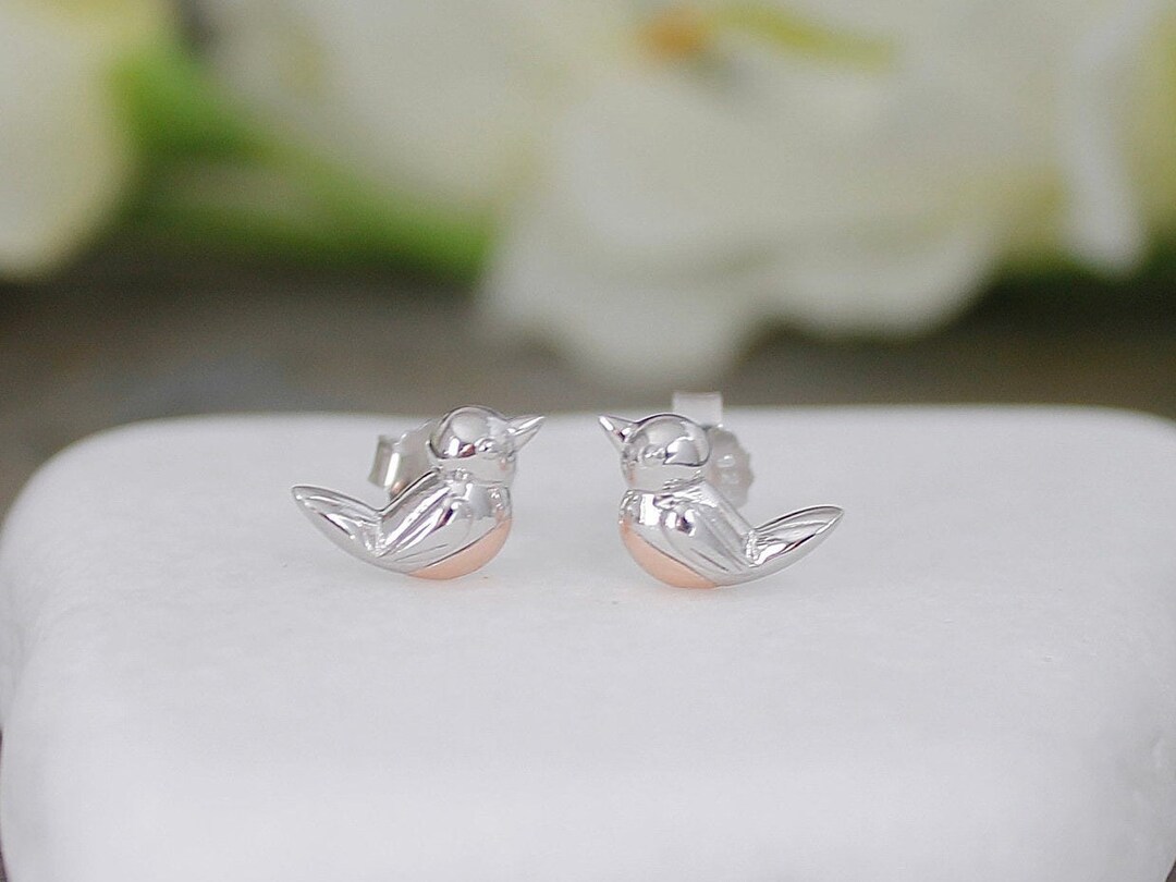 Silver and Rose Gold Robin Studs * Bird Studs * Robin Earrings * Robin ...