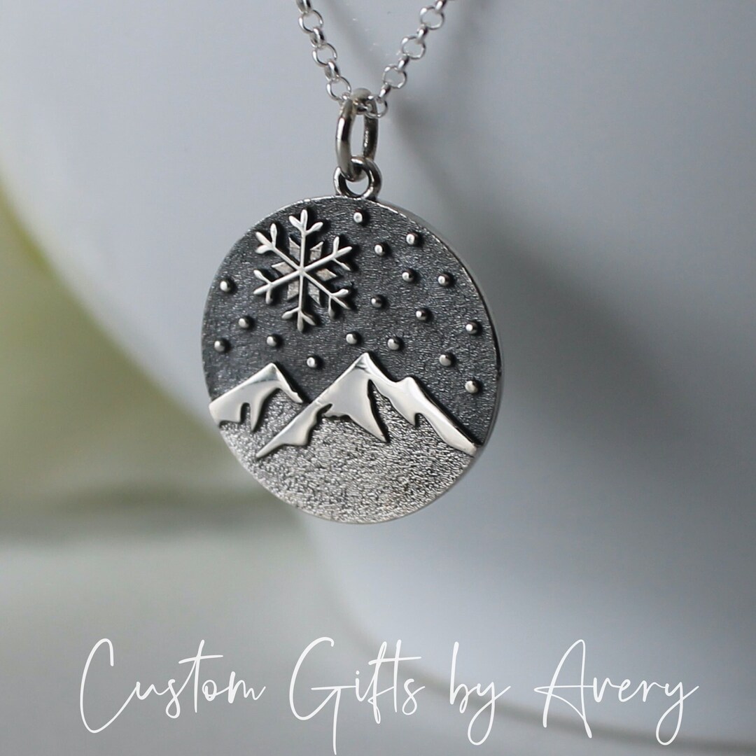 Sterling Silver Snow Capped Mountain and Snowflake Pendant Necklace ...