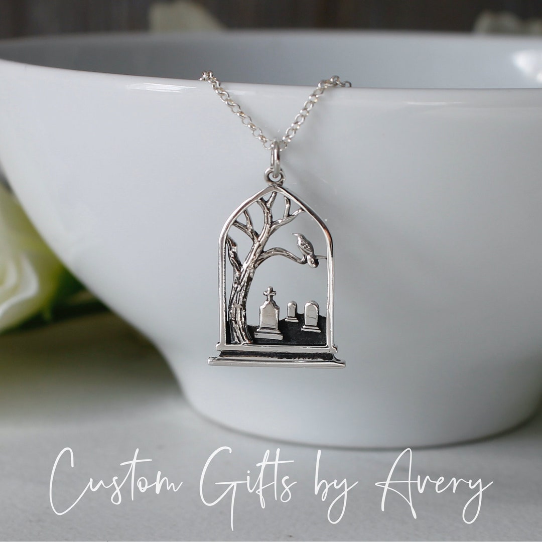 Sterling Silver Graveyard With Raven Pendant Necklace * Sterling Silver ...