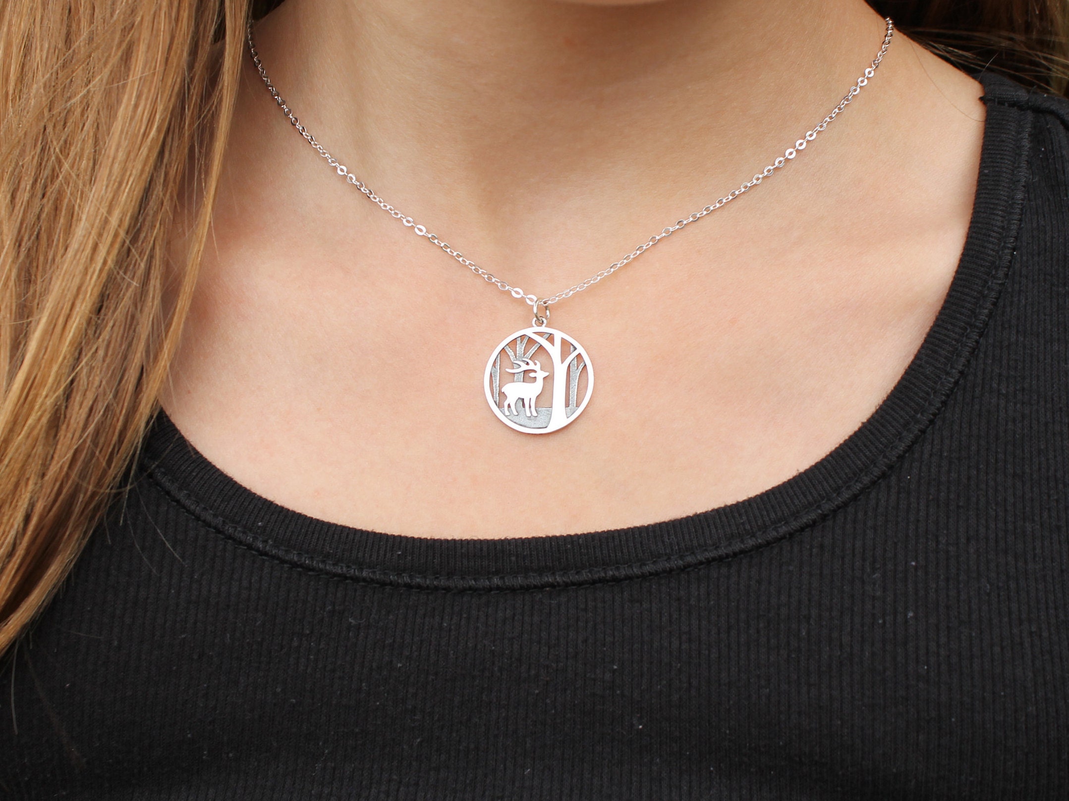 Sterling Silver Deer Pendant Necklace Deer in Trees Forest | Etsy