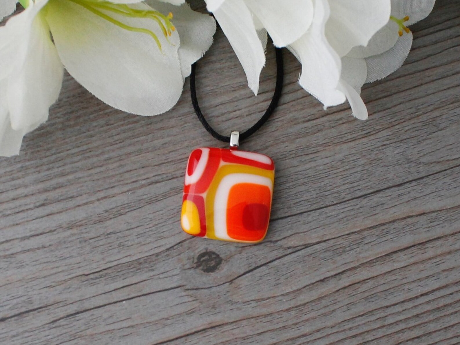 Red Orange and Yellow Necklace Modern Fused Glass Pendant - Etsy