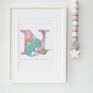 N is for Narwhale - Alphabet Illustration Print, Nursery Art, Kid's ...