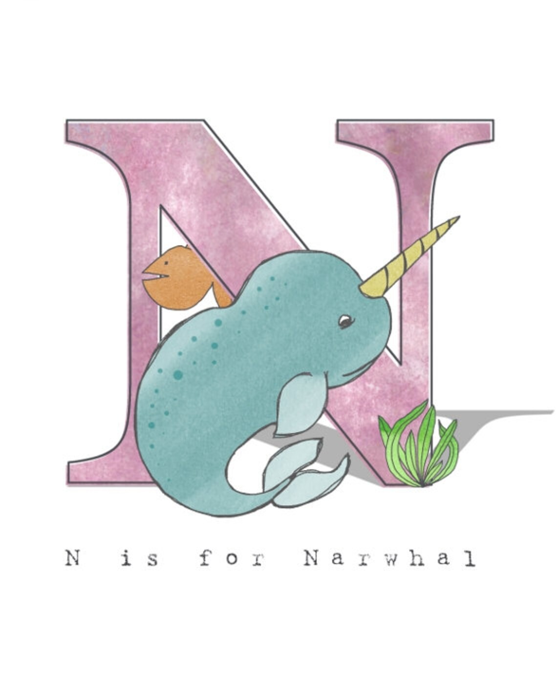 N is for Narwhale Alphabet Illustration Print Nursery Art - Etsy